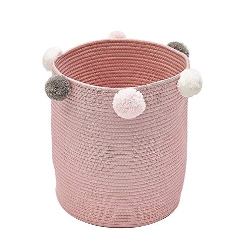 Leadtimes Pink Cotton Rope Storage Baskets 12.6" x 12.6" x 14.6" Woven Baby Cute Pompoms Orangizer Bins for Laundry, Cloths, Home Decoration