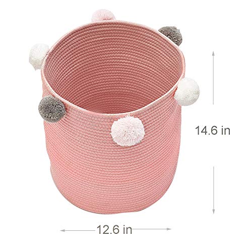 Leadtimes Pink Cotton Rope Storage Baskets 12.6" x 12.6" x 14.6" Woven Baby Cute Pompoms Orangizer Bins for Laundry, Cloths, Home Decoration