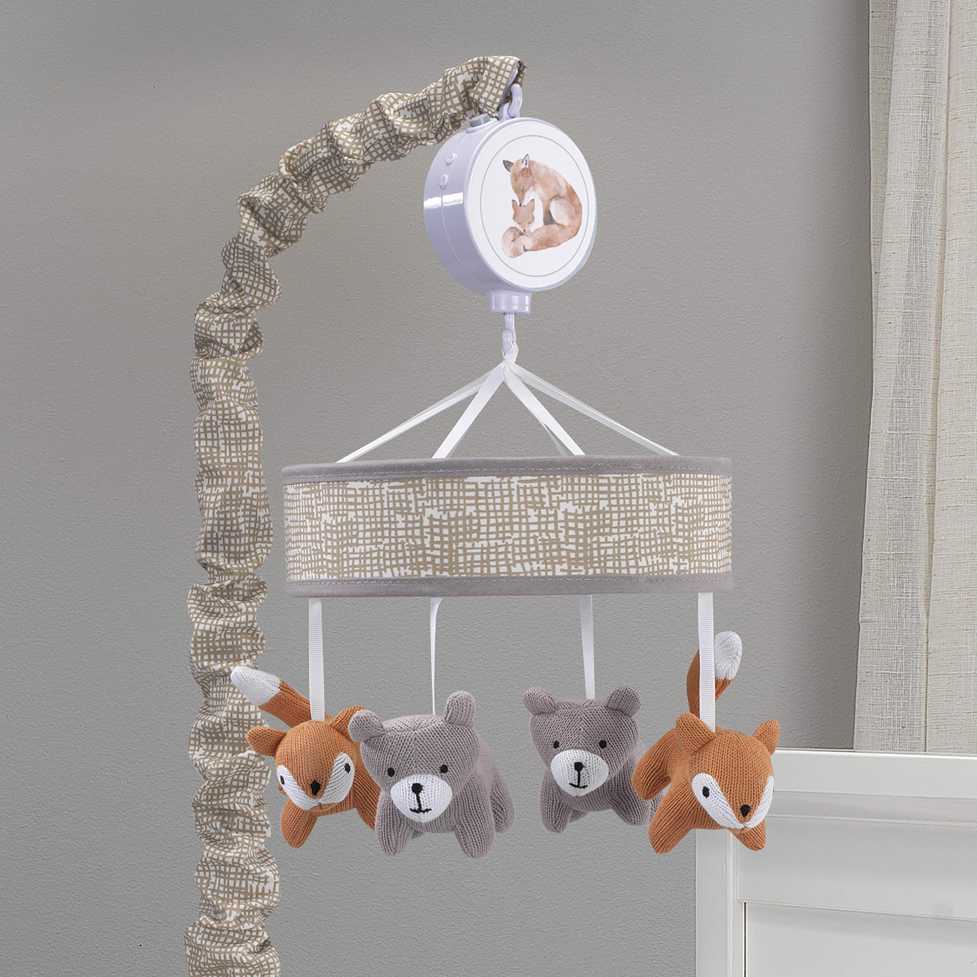 Lambs & Ivy Painted Forest Gray/Beige Fox and Bear Baby Crib Musical Mobile