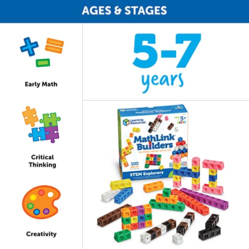 Learning Resources STEM Explorers MathLink Builders - 100 Pieces, Ages 5+, Kindergarten STEM Activities, Math Activity Set and Games for Kids, Linking Cubes, Connecting Cubes,Back to School Supplies