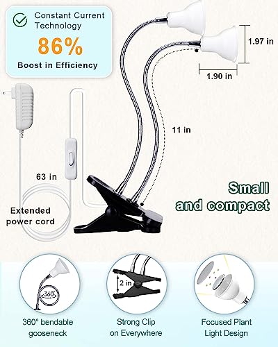 DOMMIA Grow Lights for Indoor Plants,Full Spectrum Grow Light with Warmwhite Red LED,Dual Head Clip on Plant Light for Indoor Plants,ON/Off Switch,Adjustable Gooseneck Plant Light for House Plants