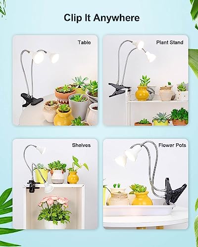 DOMMIA Grow Lights for Indoor Plants,Full Spectrum Grow Light with Warmwhite Red LED,Dual Head Clip on Plant Light for Indoor Plants,ON/Off Switch,Adjustable Gooseneck Plant Light for House Plants