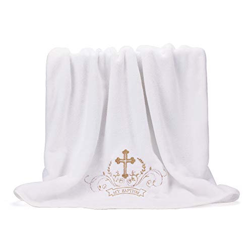 My Baptism Baby Christening Dedication White Blanket with Embroidered Cross Premium Soft Warm Cozy Coral Fleece Toddler, Infant or Newborn Receiving Blanket