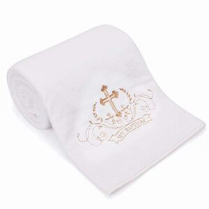 My Baptism Baby Christening Dedication White Blanket with Embroidered Cross Premium Soft Warm Cozy Coral Fleece Toddler, Infant or Newborn Receiving Blanket