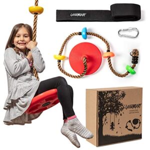 laegendary tree swing for kids - single disk outdoor climbing rope w/platforms, carabiner & 4 ft tree strap - playground accessories - multicolored