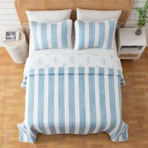 Twin Coastal Quilt Bedding Set, Summer Coastal Quilt with Sham, Beach 2-Piece Reversible All Season Bedspread Quilt Set. Lightweight Nautical Quilted Coverlet. Casco Bay Collection, Blue