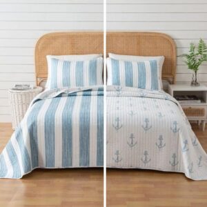 Twin Coastal Quilt Bedding Set, Summer Coastal Quilt with Sham, Beach 2-Piece Reversible All Season Bedspread Quilt Set. Lightweight Nautical Quilted Coverlet. Casco Bay Collection, Blue