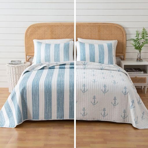 Twin Coastal Quilt Bedding Set, Summer Coastal Quilt with Sham, Beach 2-Piece Reversible All Season Bedspread Quilt Set. Lightweight Nautical Quilted Coverlet. Casco Bay Collection, Blue