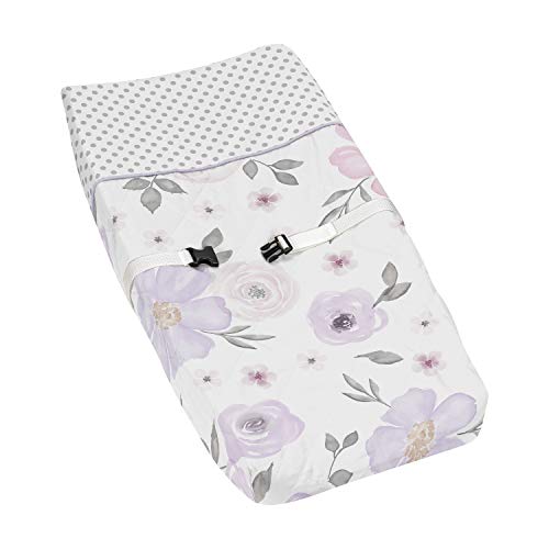 Sweet Jojo Designs Lavender Purple, Pink, Grey and White Changing Pad Cover for Watercolor Floral Collection - Rose Flower