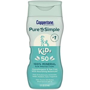 coppertone pure and simple kids sunscreen lotion, zinc oxide mineral sunscreen for kids, tear free, broad spectrum spf 50 sunscreen, 6 fl oz bottle