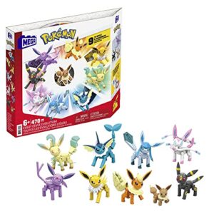 mega pokemon action figure building toys for kids, every eevee evolution with 470 pieces, 9 poseable characters, gift idea