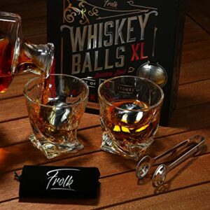 4 XL Stainless Steel Whisky Ice Balls, Special Tongs & Freezer Pouch in Luxury Gift Box for Whiskey Lovers!