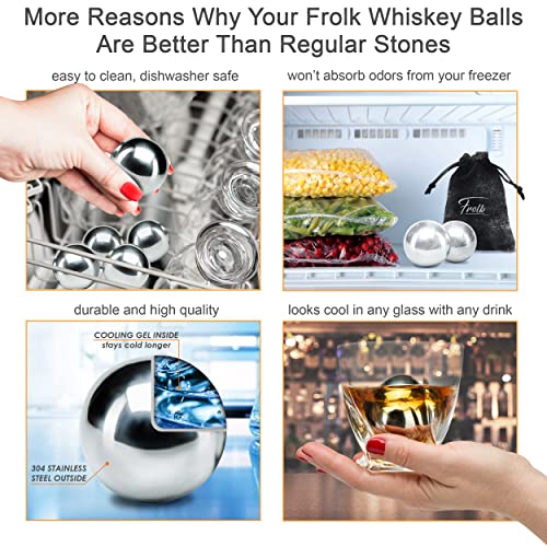 4 XL Stainless Steel Whisky Ice Balls, Special Tongs & Freezer Pouch in Luxury Gift Box for Whiskey Lovers!