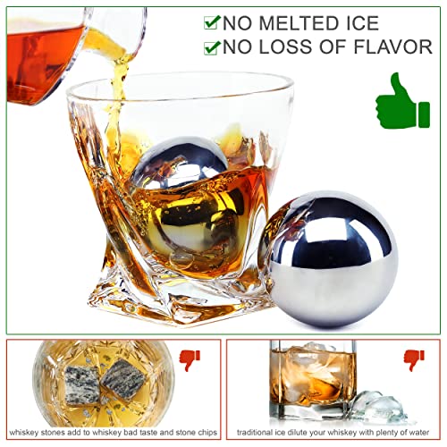 4 XL Stainless Steel Whisky Ice Balls, Special Tongs & Freezer Pouch in Luxury Gift Box for Whiskey Lovers!