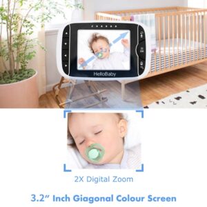 HelloBaby Video Baby Monitor with Remote Camera Pan-Tilt-Zoom, 3.2'' Color LCD Screen, Infrared Night Vision, Temperature Display, Lullaby, Two Way Audio