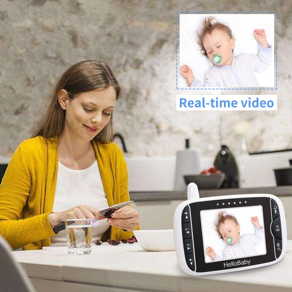 HelloBaby Video Baby Monitor with Remote Camera Pan-Tilt-Zoom, 3.2'' Color LCD Screen, Infrared Night Vision, Temperature Display, Lullaby, Two Way Audio