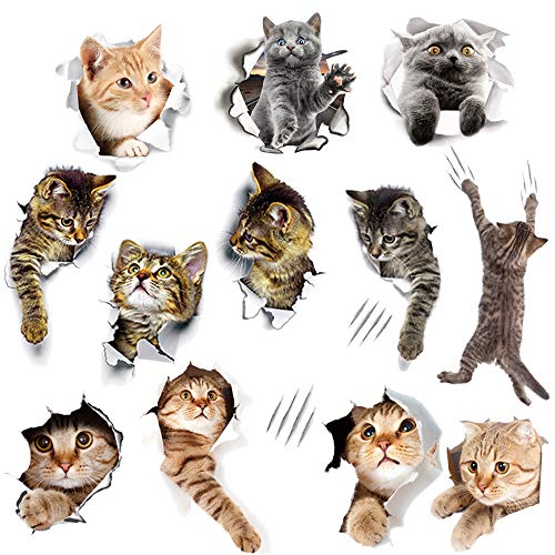 WMdecal 12PCS Removable 3D Cartoon Animal Cats Vinyl Wall Stickers Easy to Peel and Stick Cute Cat Wallpaper Murals for Nursery Room Toilet Kitchen Offices