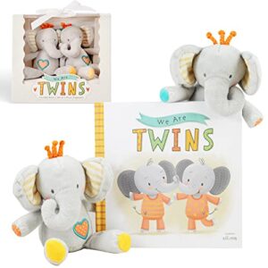 tickle & main we are twins, baby and toddler twin gift set, keepsake book and set of 2 plush elephant rattles for boys and girls