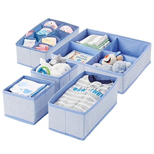 mDesign Soft Fabric Dresser Drawer/Closet Divided Storage Organizer Bins for Nursery - Holds Blankets, Bibs, Socks, Lotion, Clothes, Shoes, Toys - Set of 5 - Blue Herringbone