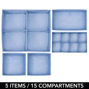 mDesign Soft Fabric Dresser Drawer/Closet Divided Storage Organizer Bins for Nursery - Holds Blankets, Bibs, Socks, Lotion, Clothes, Shoes, Toys - Set of 5 - Blue Herringbone