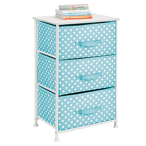 mDesign Storage Dresser End/Side Table Night Stand Tower Unit with 3 Removable Fabric Drawers - Organizer for Baby, Kid, and Teen Bedroom, Nursery, Playroom, or Dorm, Turquoise Blue/White Polka Dot