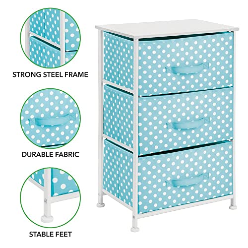 mDesign Storage Dresser End/Side Table Night Stand Tower Unit with 3 Removable Fabric Drawers - Organizer for Baby, Kid, and Teen Bedroom, Nursery, Playroom, or Dorm, Turquoise Blue/White Polka Dot