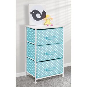 mDesign Storage Dresser End/Side Table Night Stand Tower Unit with 3 Removable Fabric Drawers - Organizer for Baby, Kid, and Teen Bedroom, Nursery, Playroom, or Dorm, Turquoise Blue/White Polka Dot