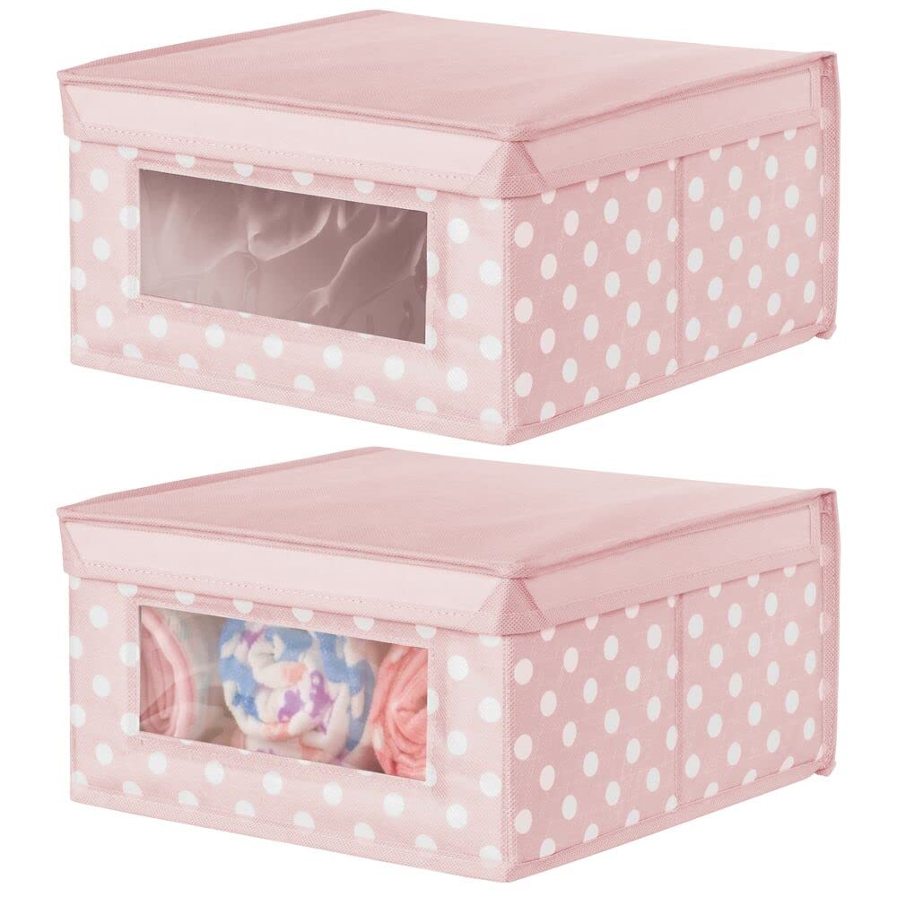 mDesign Medium Soft Stackable Fabric Baby Nursery Storage Organizer Holder Bin Box with Front Window and Lid for Child/Kids Bedroom, Playroom, Classroom - 2 Pack - Pink/White Polka Dot