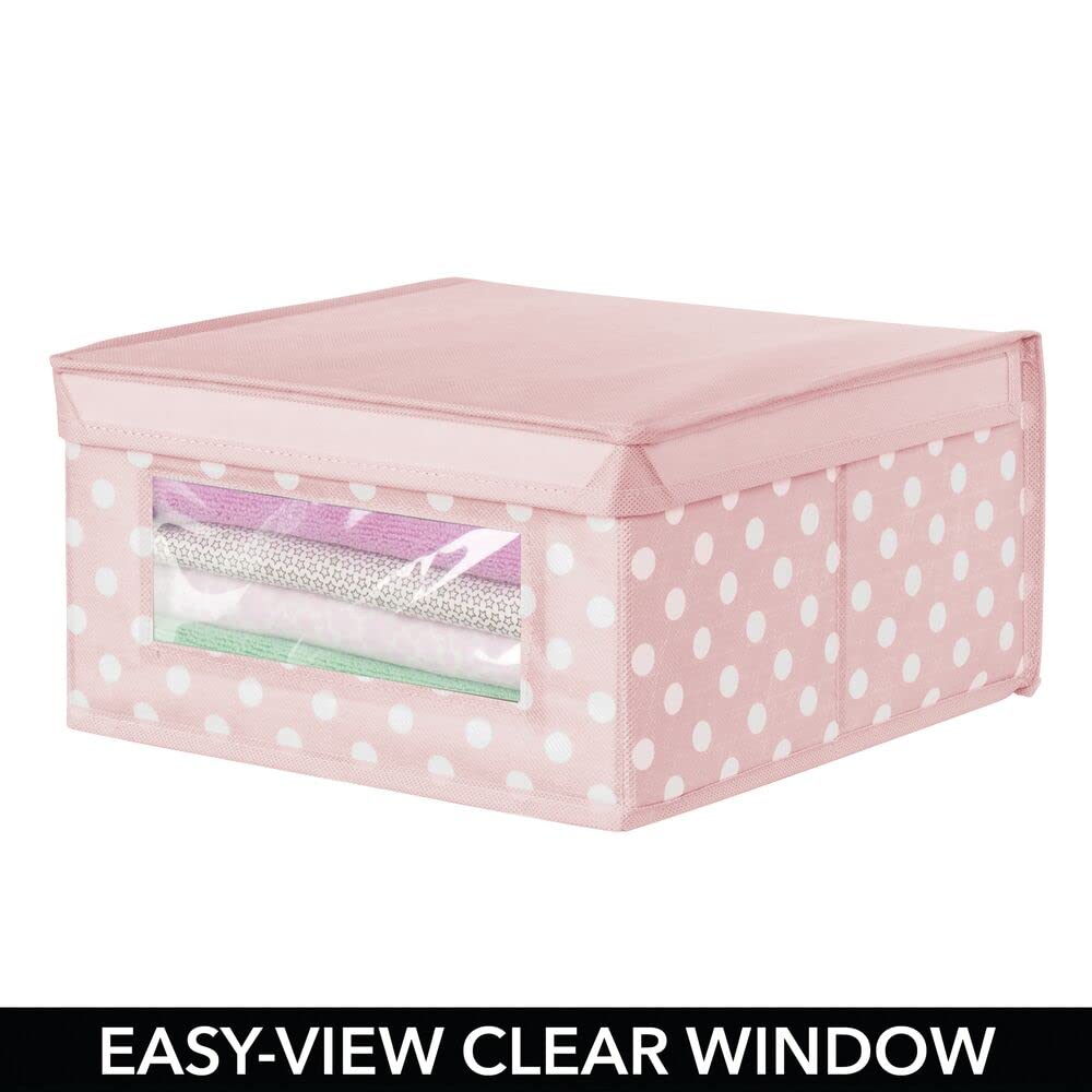 mDesign Medium Soft Stackable Fabric Baby Nursery Storage Organizer Holder Bin Box with Front Window and Lid for Child/Kids Bedroom, Playroom, Classroom - 2 Pack - Pink/White Polka Dot