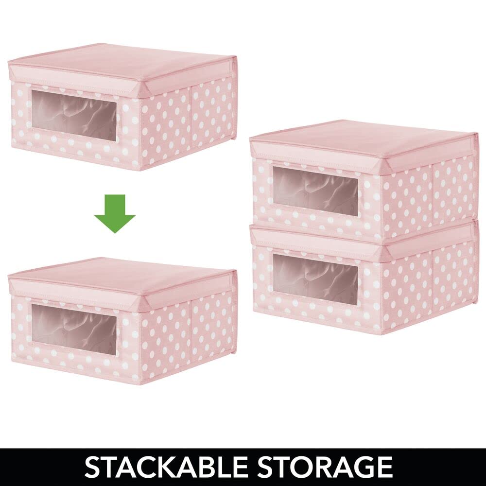 mDesign Medium Soft Stackable Fabric Baby Nursery Storage Organizer Holder Bin Box with Front Window and Lid for Child/Kids Bedroom, Playroom, Classroom - 2 Pack - Pink/White Polka Dot