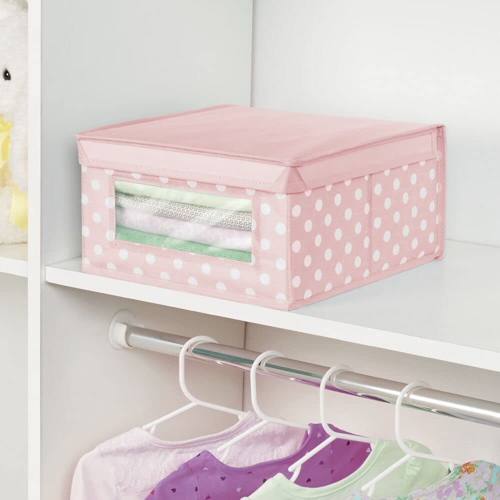 mDesign Medium Soft Stackable Fabric Baby Nursery Storage Organizer Holder Bin Box with Front Window and Lid for Child/Kids Bedroom, Playroom, Classroom - 2 Pack - Pink/White Polka Dot