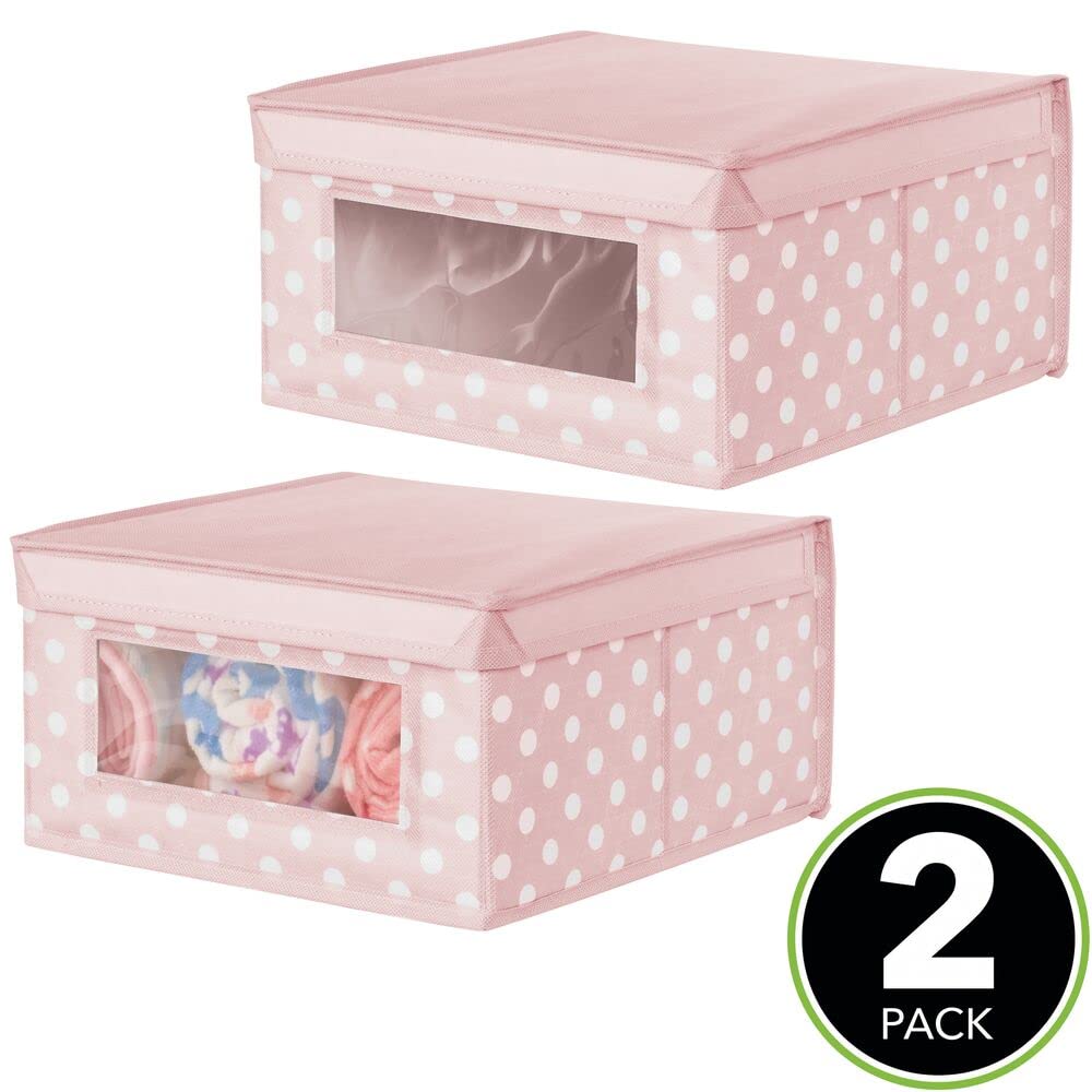 mDesign Medium Soft Stackable Fabric Baby Nursery Storage Organizer Holder Bin Box with Front Window and Lid for Child/Kids Bedroom, Playroom, Classroom - 2 Pack - Pink/White Polka Dot