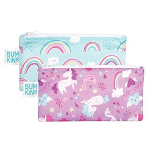 bumkins snack bags, reusable fabric, washable, food safe, bpa free - unicorns & rainbows (2-pack)