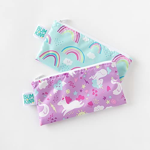 Bumkins Snack Bags, Reusable Fabric, Washable, Food Safe, BPA Free - Unicorns & Rainbows (2-Pack)