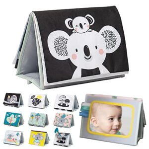 taf toys koala infant tummy-time high contrast soft crinkle activity book with huge baby safe mirror, 3d activities, textures and a soft baby teether