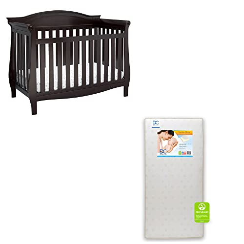 Delta Children Lancaster 4-in-1 Convertible Baby Crib & Twinkle Stars Waterproof Fiber Core Crib and Toddler Mattress, Dark Chocolate