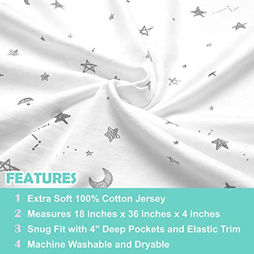 TL Care Printed 100% Natural Cotton Jersey Knit 18 x 36 Cradle/Bassinet Sheet - Fitted, Gray Stars and Moons, Soft Breathable, for Boys and Girls