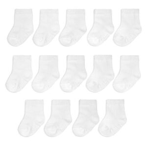 fruit of the loom baby 14-pack grow & fit flex zones cotton stretch socks - unisex, girls, boys (0-6 months, white)