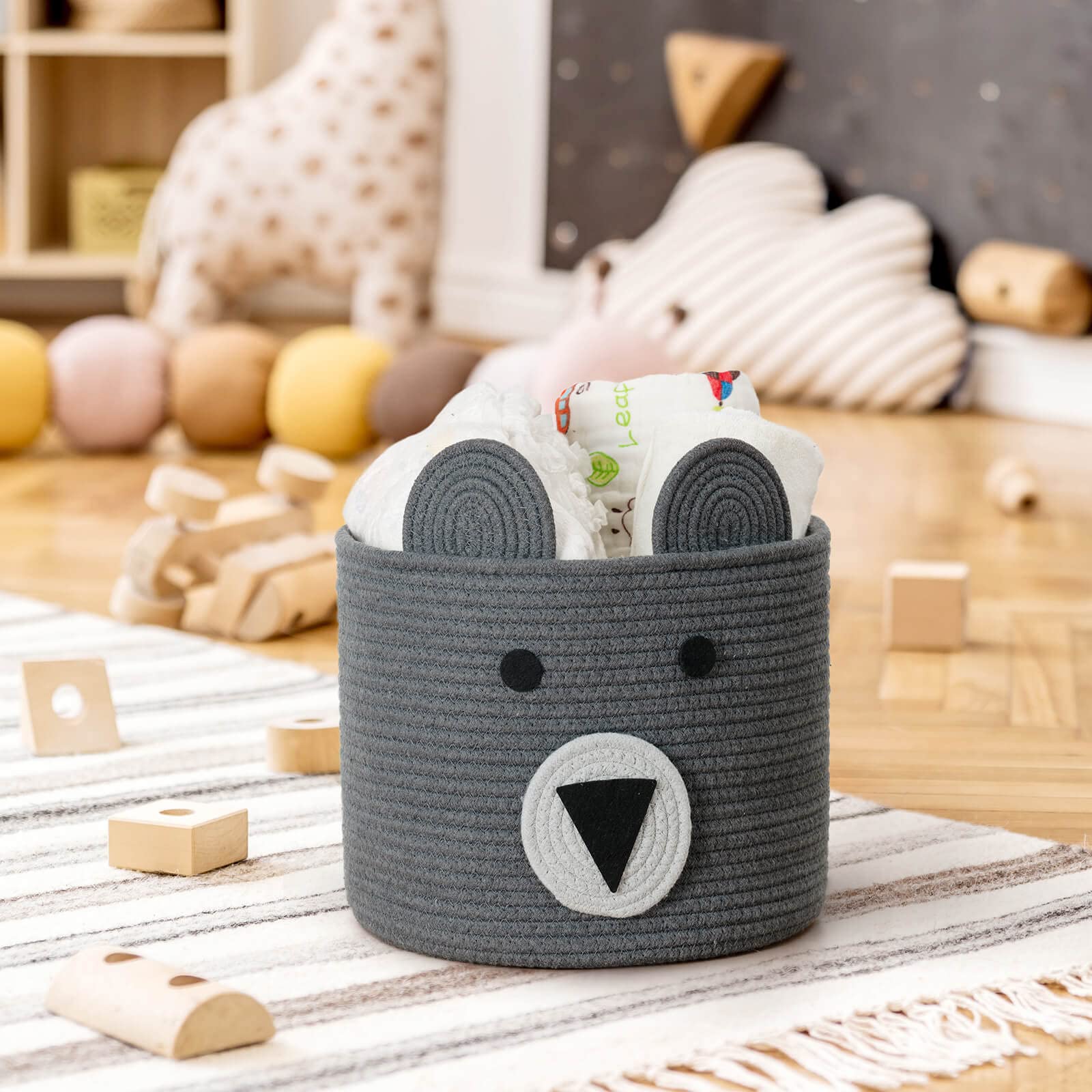 CherryNow Bear Basket, Cotton Rope Basket, Woven Laundry Hamper, Cute Storage Bin in Bedroom, Nursery & Living room, 10'' (H) x 12'' (D)