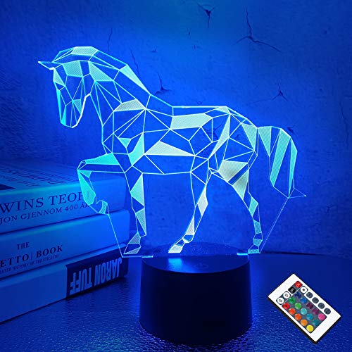 FULLOSUN Night Lights for Kids Horse Illusion 3D Night Light Bedside Lamp 16 Colors Changing with Remote Control Best Birthday Gifts for Child Baby Boy and Girl