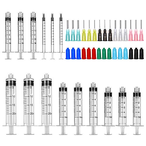 Blunt Tip Food Syringe with Needle - Resin Refilling Glue Lube Liquid Plastic Syringes, 15 Pack - 20, 10, 5, 3, 1ml/cc Syringes for Lip Gloss Base Ink Precision Oil Craft Applicator