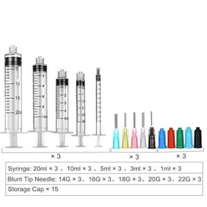 Blunt Tip Food Syringe with Needle - Resin Refilling Glue Lube Liquid Plastic Syringes, 15 Pack - 20, 10, 5, 3, 1ml/cc Syringes for Lip Gloss Base Ink Precision Oil Craft Applicator