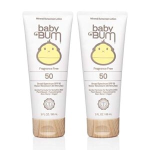 baby bum mineral sunscreen lotion | spf 50 | uva, uvb face and body protection | fragrance free safe for sensitive skin | travel size | 3 ounce | pack of 2