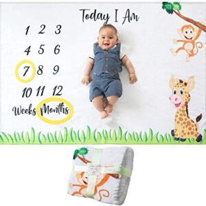 Baby Monthly Milestone Blanket | for Newborn Boy or Girl, Unisex | Month Blanket Baby for Pictures | Jungle Safari, Giraffe & Monkey Theme | Personalized Shower Gifts New Moms | Track Age & Growth