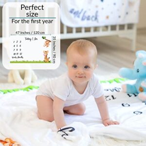 Baby Monthly Milestone Blanket | for Newborn Boy or Girl, Unisex | Month Blanket Baby for Pictures | Jungle Safari, Giraffe & Monkey Theme | Personalized Shower Gifts New Moms | Track Age & Growth