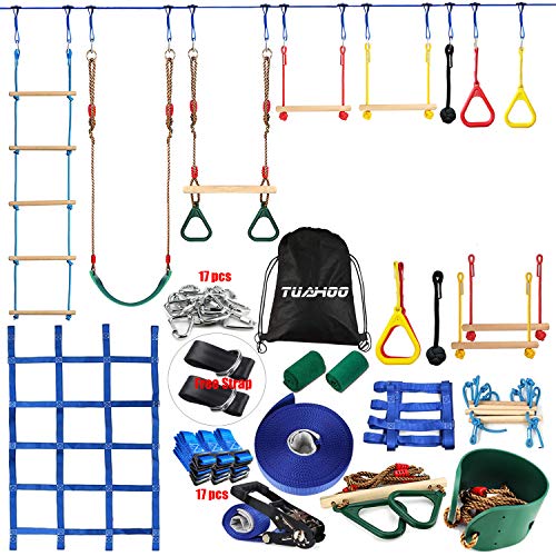 TUAHOO 600lbs Ninja Obstacle Course for Kids Backyard - Ninja Training Obstacles 50' Slackline Kits - Outside Line Ninja Kids Playset with Swings, Monkey Bars, Gym Rings, Rope Ladder, Climbing Net