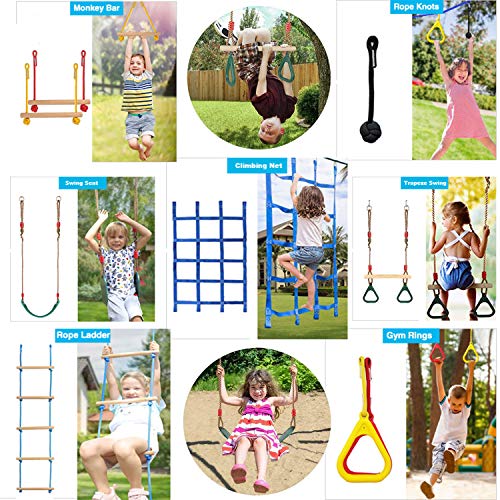 TUAHOO 600lbs Ninja Obstacle Course for Kids Backyard - Ninja Training Obstacles 50' Slackline Kits - Outside Line Ninja Kids Playset with Swings, Monkey Bars, Gym Rings, Rope Ladder, Climbing Net