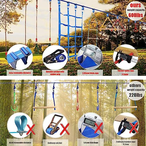 TUAHOO 600lbs Ninja Obstacle Course for Kids Backyard - Ninja Training Obstacles 50' Slackline Kits - Outside Line Ninja Kids Playset with Swings, Monkey Bars, Gym Rings, Rope Ladder, Climbing Net