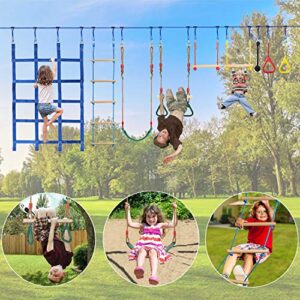 TUAHOO 600lbs Ninja Obstacle Course for Kids Backyard - Ninja Training Obstacles 50' Slackline Kits - Outside Line Ninja Kids Playset with Swings, Monkey Bars, Gym Rings, Rope Ladder, Climbing Net