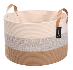 decospark xxxl cotton rope basket for toy and blanket storage| 21.7" x 13.8" | soft long handles | decorative home organizer ideal for living room, baby clothes and laundry (camel grey and cream)